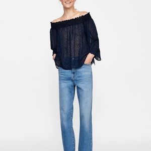 Zara | Tops | Zara Navy Blue Textured Dotted Mesh Top | Poshmark